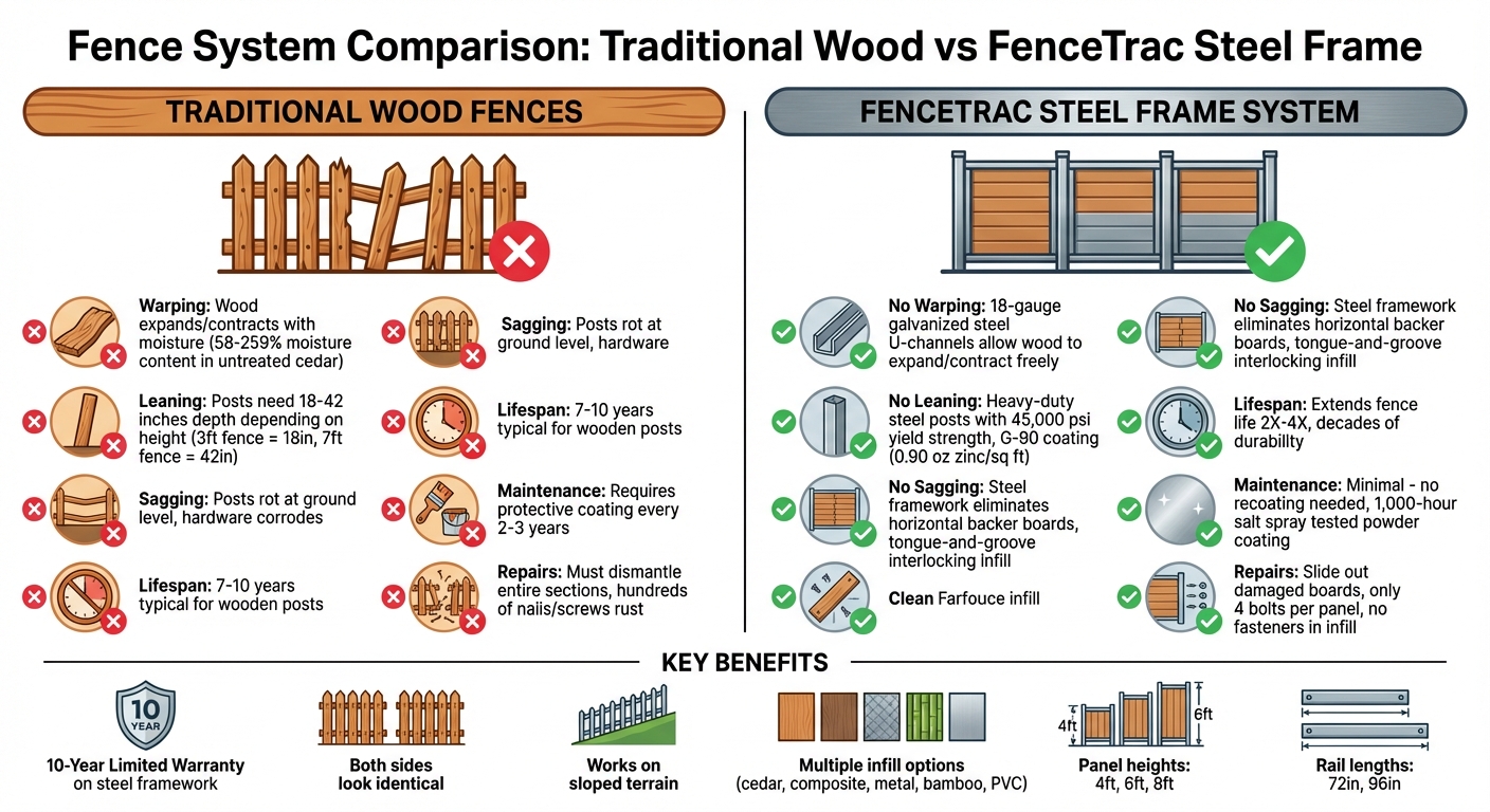 Why Wood Fences Warp, Lean, and Sag and How the FenceTrac Steel Fence ...
